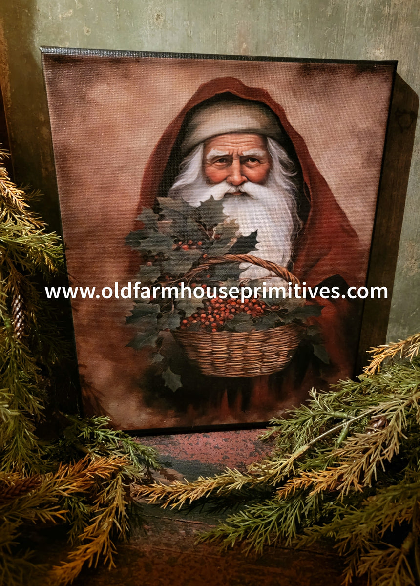 #HGC1070 Primitive "Santa With Basket Of Holly" 8x10 Canvas Print – Old ...