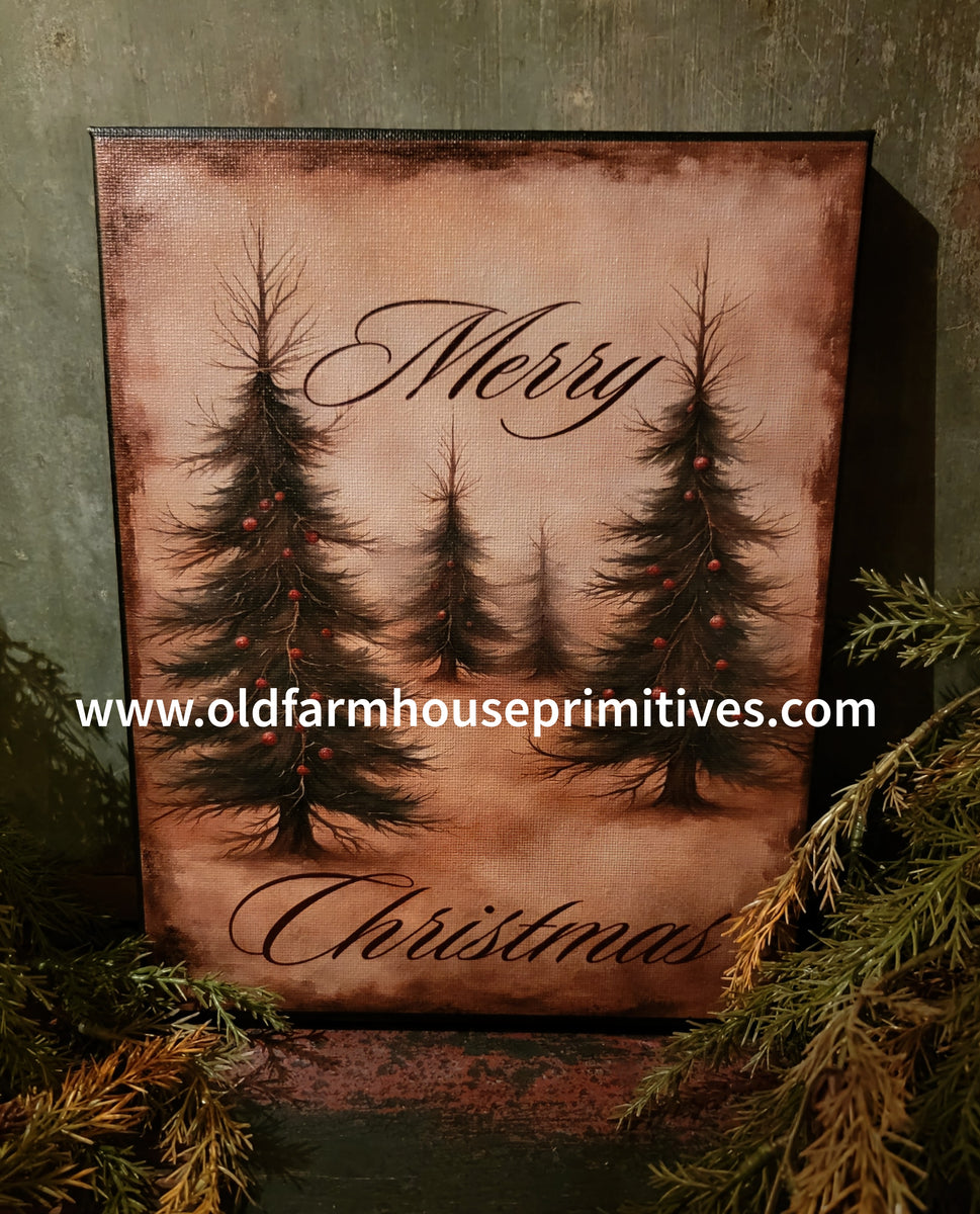#HGC1078 Primitive "Merry Christmas" Pine Trees 8x10 Canvas Print – Old ...