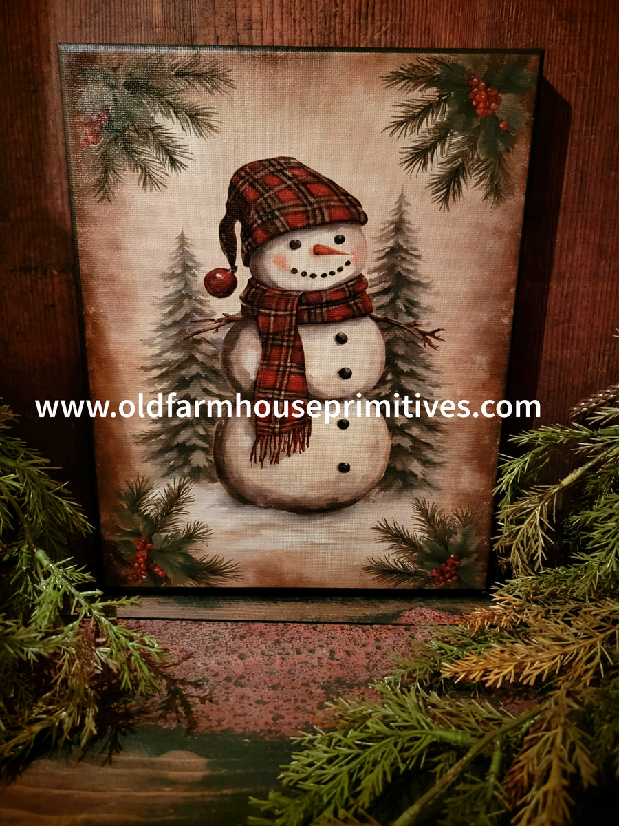 #HGC1076 Snowman In Pines ⛄️ 8x10 Canvas Print – Old Farmhouse Primitives