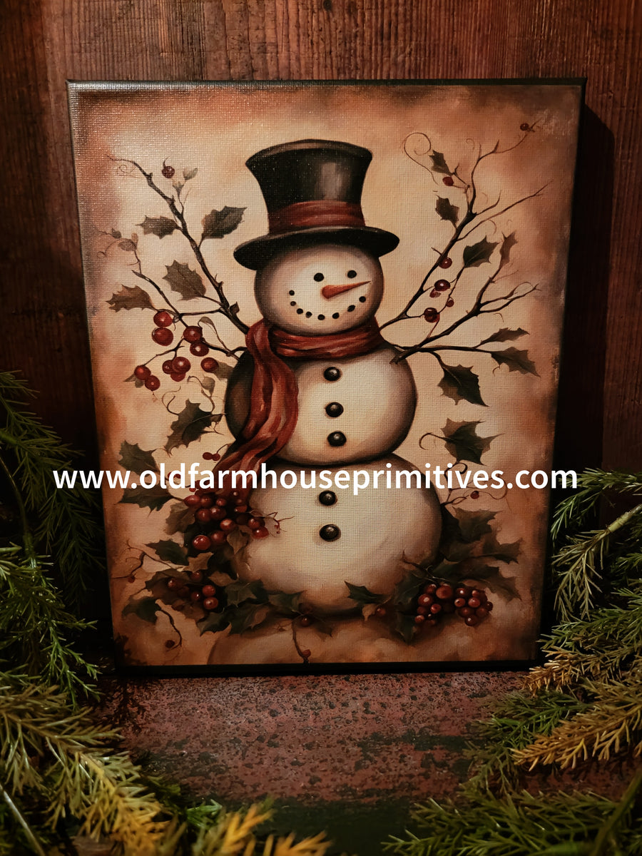 #HGC1075 Folk Art Snowman ⛄️ 8x10 Canvas Print – Old Farmhouse Primitives