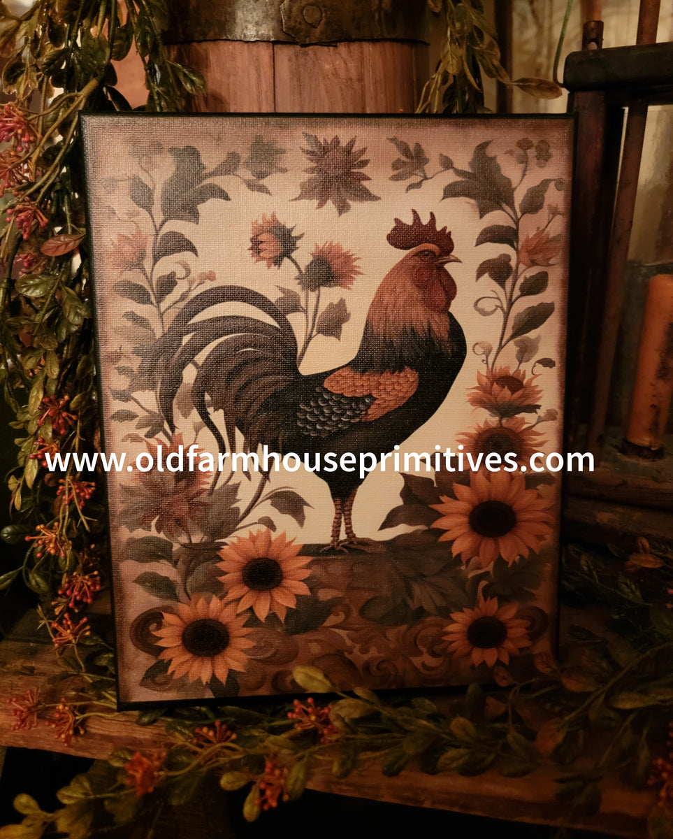 #HGC1080 Folk Art Rooster 🐓 8x10 Canvas Print – Old Farmhouse Primitives