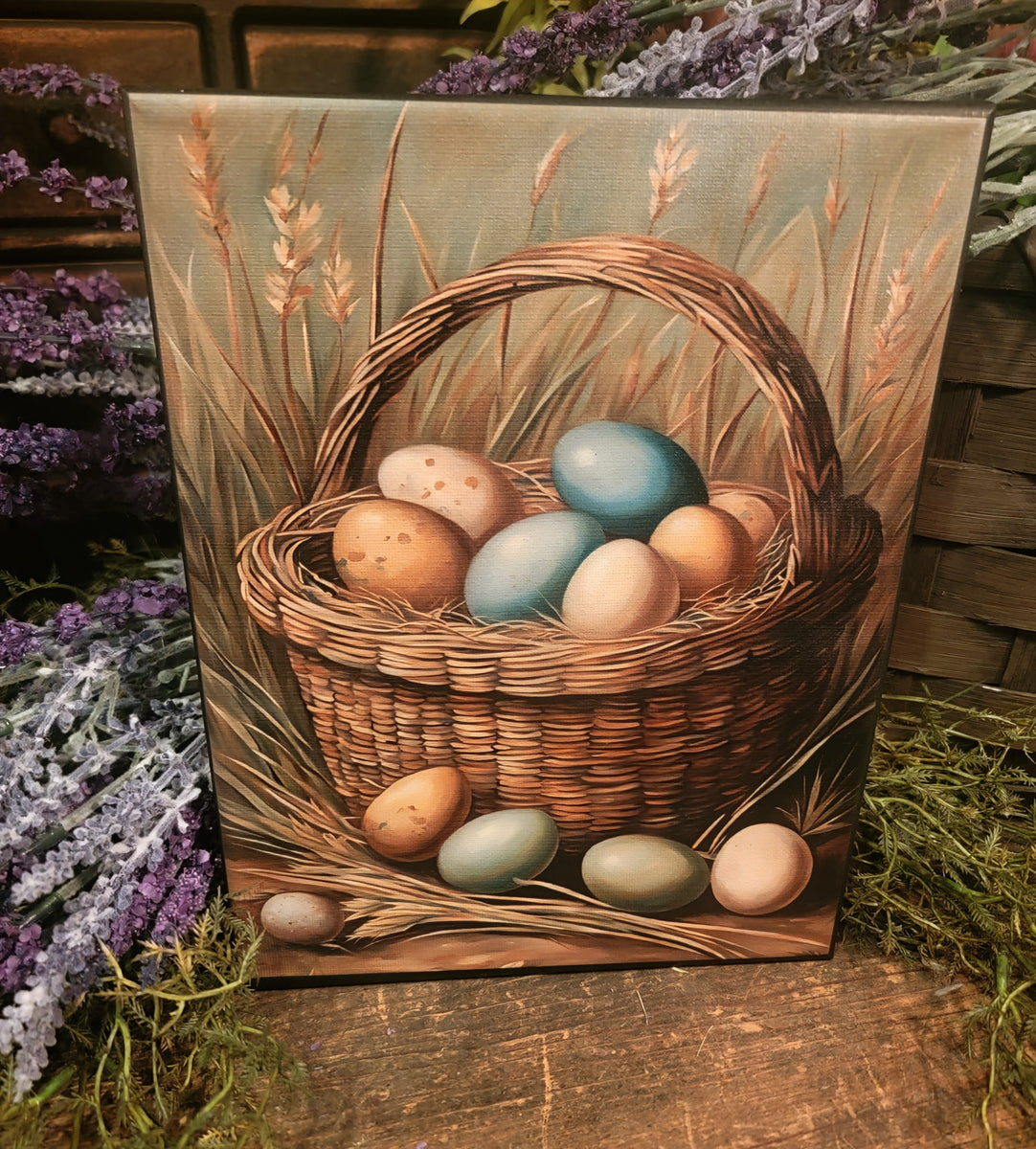 #HGC1092 Primitive Basket Of Eggs In Grass Spring Canvas Print 8x10 ...