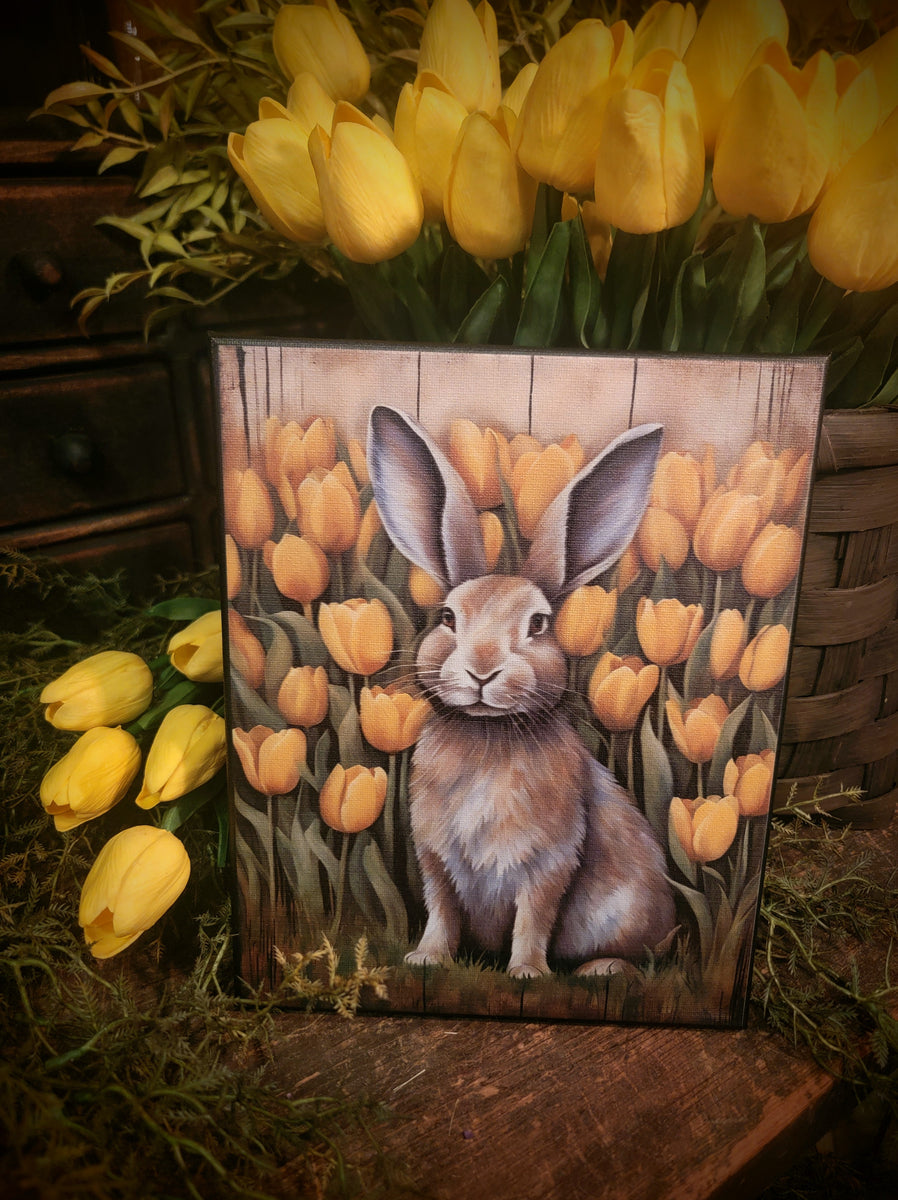 #HGC1118 Primitive Rabbit & Yellow Tulips Spring Canvas Print 8x10 ...