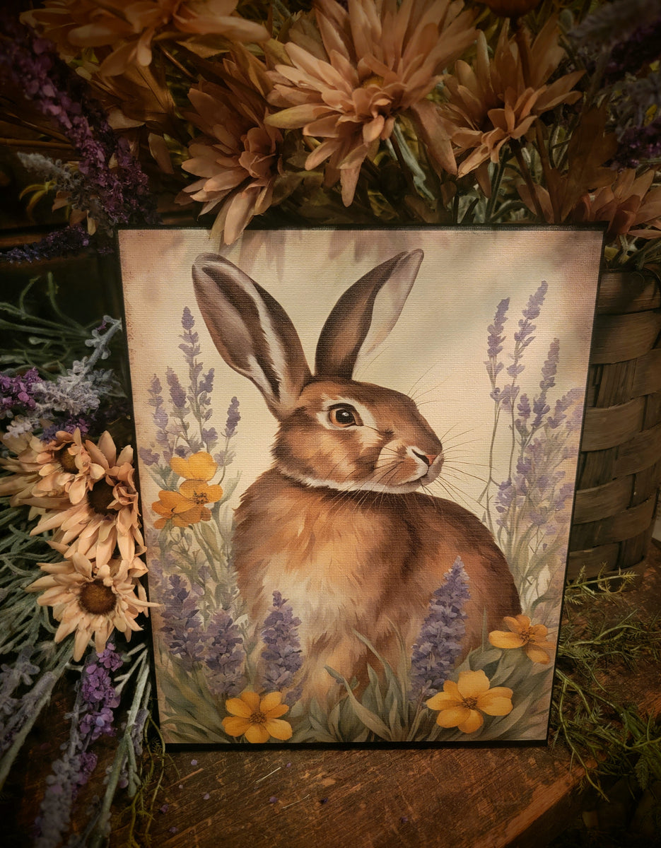 #HGC1104 Primitive Rabbit With Lavender & Buttercups Spring Canvas Pri ...