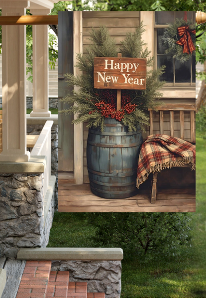 #LF-2569 NEW!! Primitive "Blue Barrel Happy New Year" Yard/House Flag ...