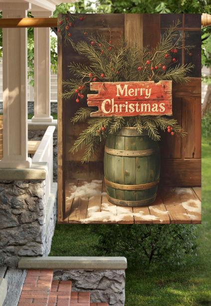 #LF-1139 NEW! Primitive "Green Barrel Merry Christmas" Yard/House Flag ...