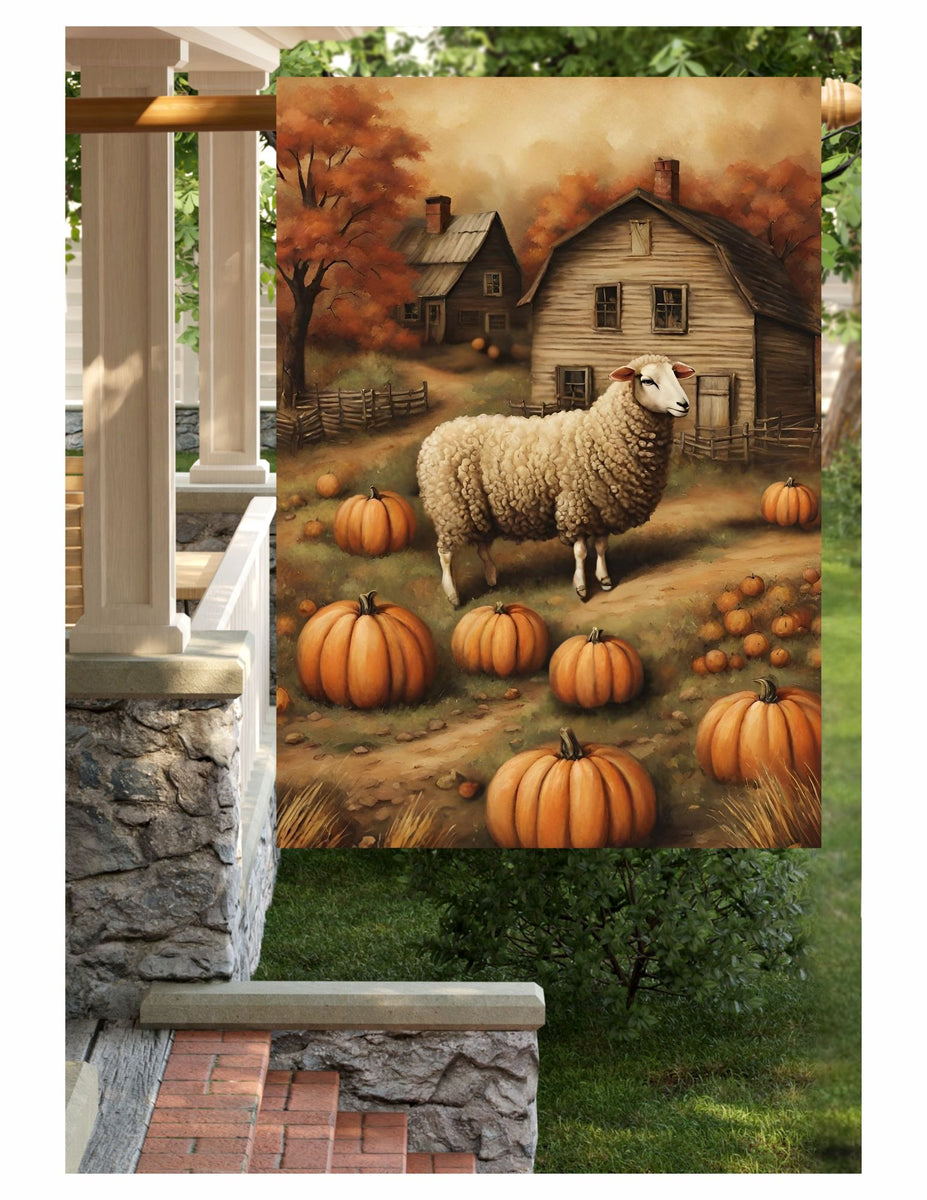#LF-2541 "Fall Sheep Barn" Large Yard/House Flag – Old Farmhouse Primitives