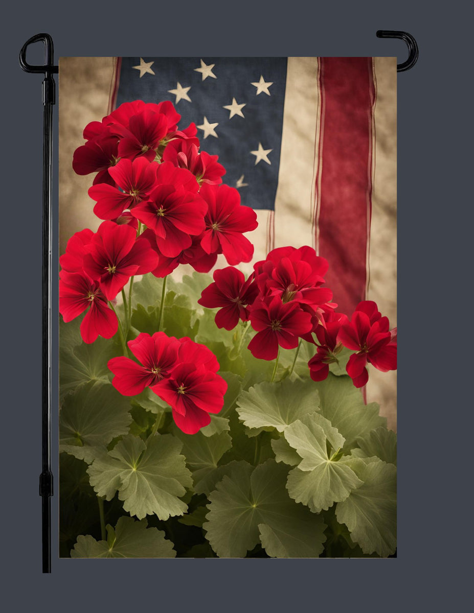 #GF-2526 "Geraniums & American Flag" Garden Flag – Old Farmhouse Primitives