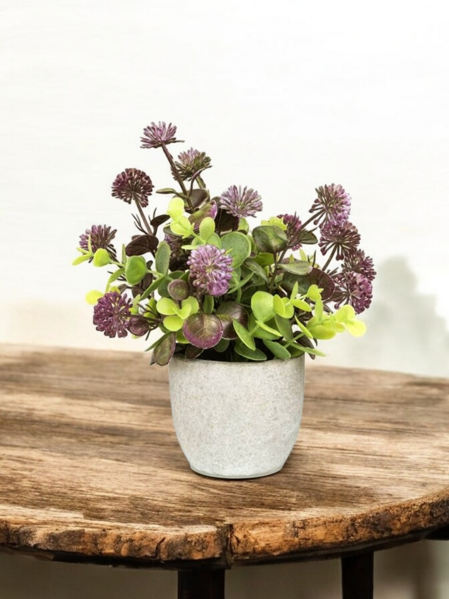 #70344 Purple Round Flowers In Stone-Like Pot – Old Farmhouse Primitives