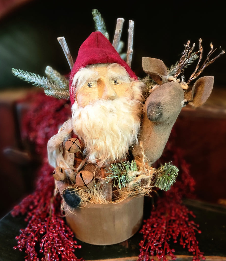 #6DSB HOLLY SCHMIDT "Clay Face Santa & Reindeer In Box" ONE OF A KIND ...