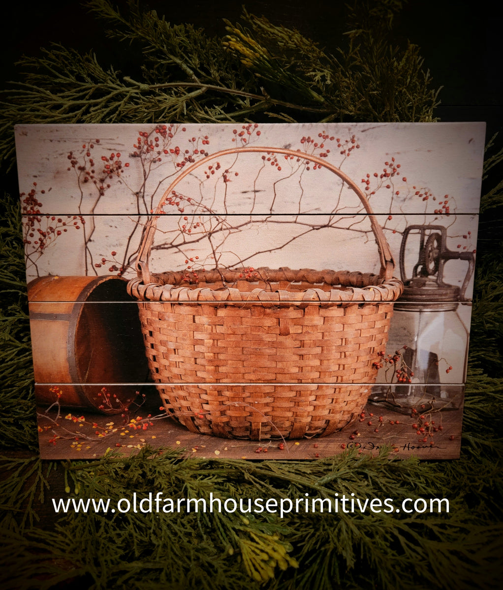 #PA294A "Basket and Rosehips" Pallet Art – Old Farmhouse Primitives